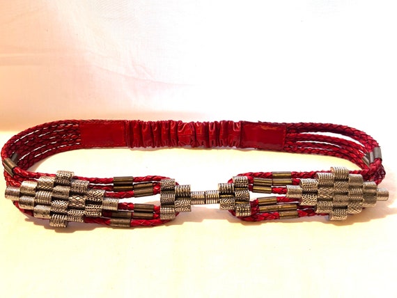 80s Red Lariat Leather Belt w/ Metal Sculpture Avant-… - Gem