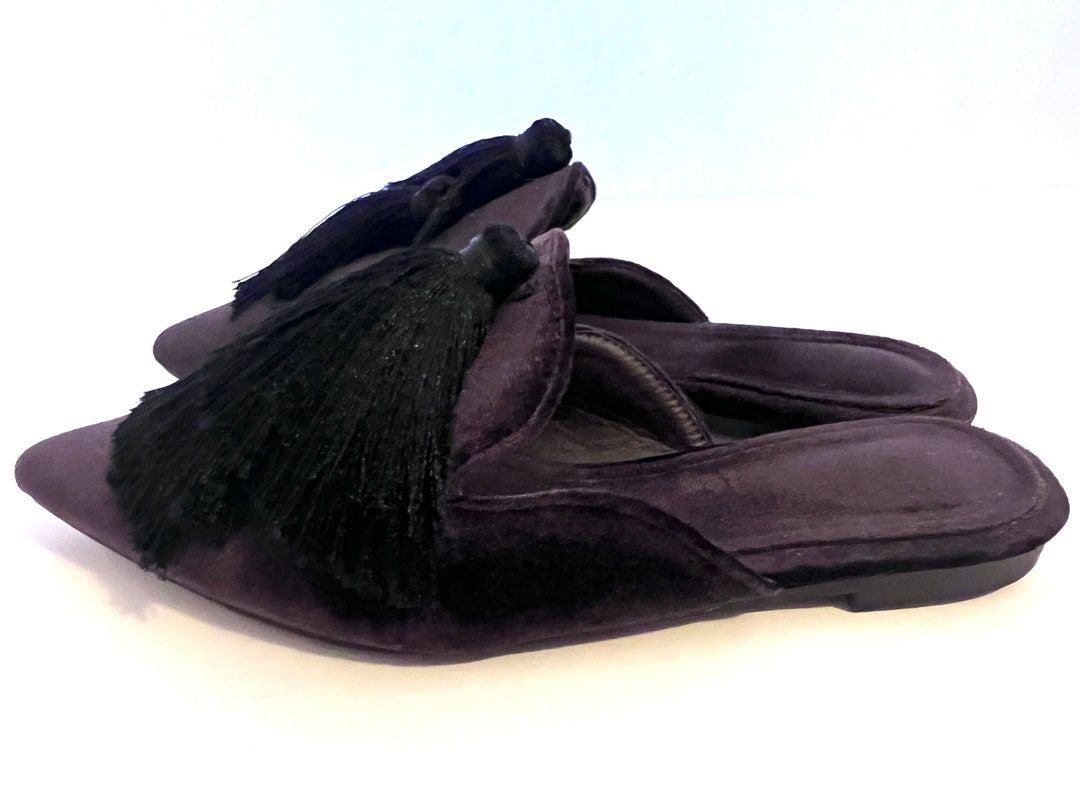 1990s Velvet Mules With Silk Tassel Vintage Goth Pointed Toe Purple Low ...