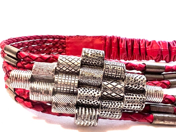 80s Red Lariat Leather Belt w/ Metal Sculpture Avant-… - Gem