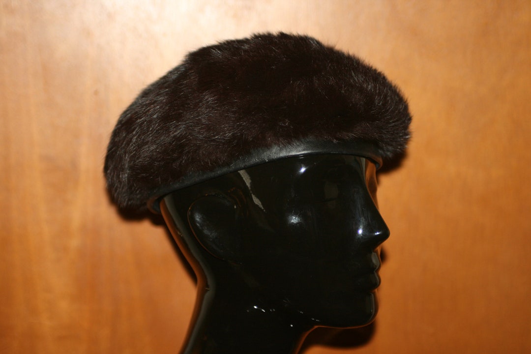 Vintage 60s Beret Hat Beatnik Chocolate Rabbit Fur W/ Large Calfskin ...