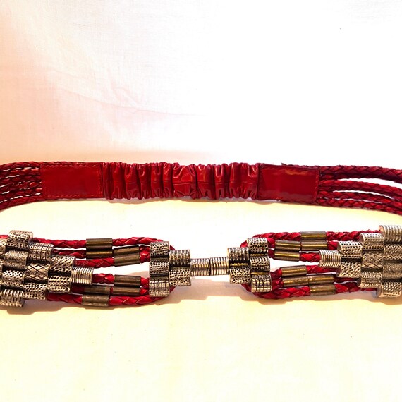 80s Red Lariat Leather Belt w/ Metal Sculpture Avant-… - Gem