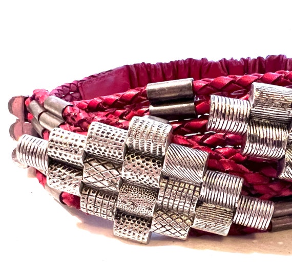 80s Red Lariat Leather Belt w/ Metal Sculpture Avant-… - Gem