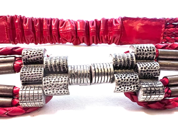 80s Red Lariat Leather Belt w/ Metal Sculpture Avant-… - Gem