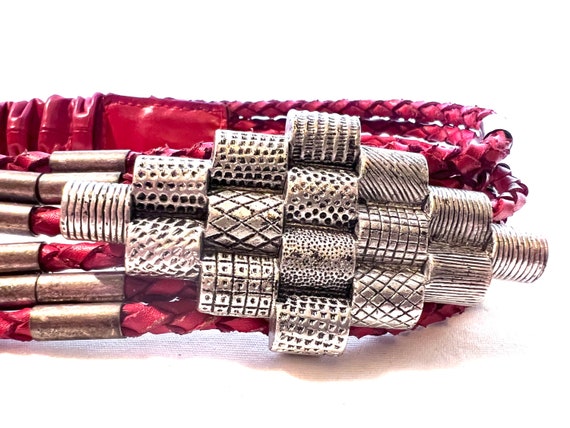 80s Red Lariat Leather Belt w/ Metal Sculpture Avant-… - Gem