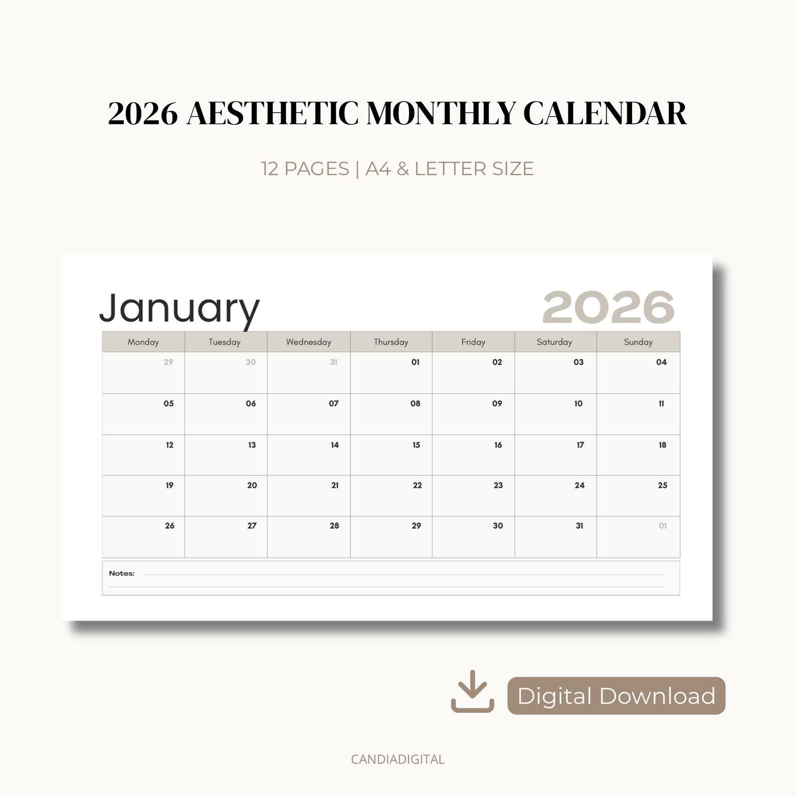 Calendrier mensuel 2026 à imprimer, calendrier annuel minimaliste 2026 ...