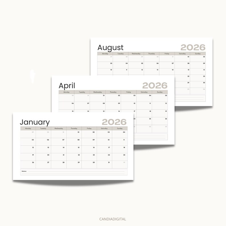 Calendrier mensuel 2026 à imprimer, calendrier annuel minimaliste 2026 ...