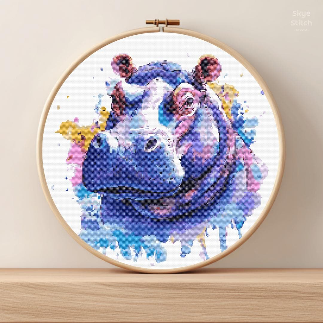 Hippo Face Cross Stitch Pattern PDF * Modern Hippo Cross Stitch Pattern ...