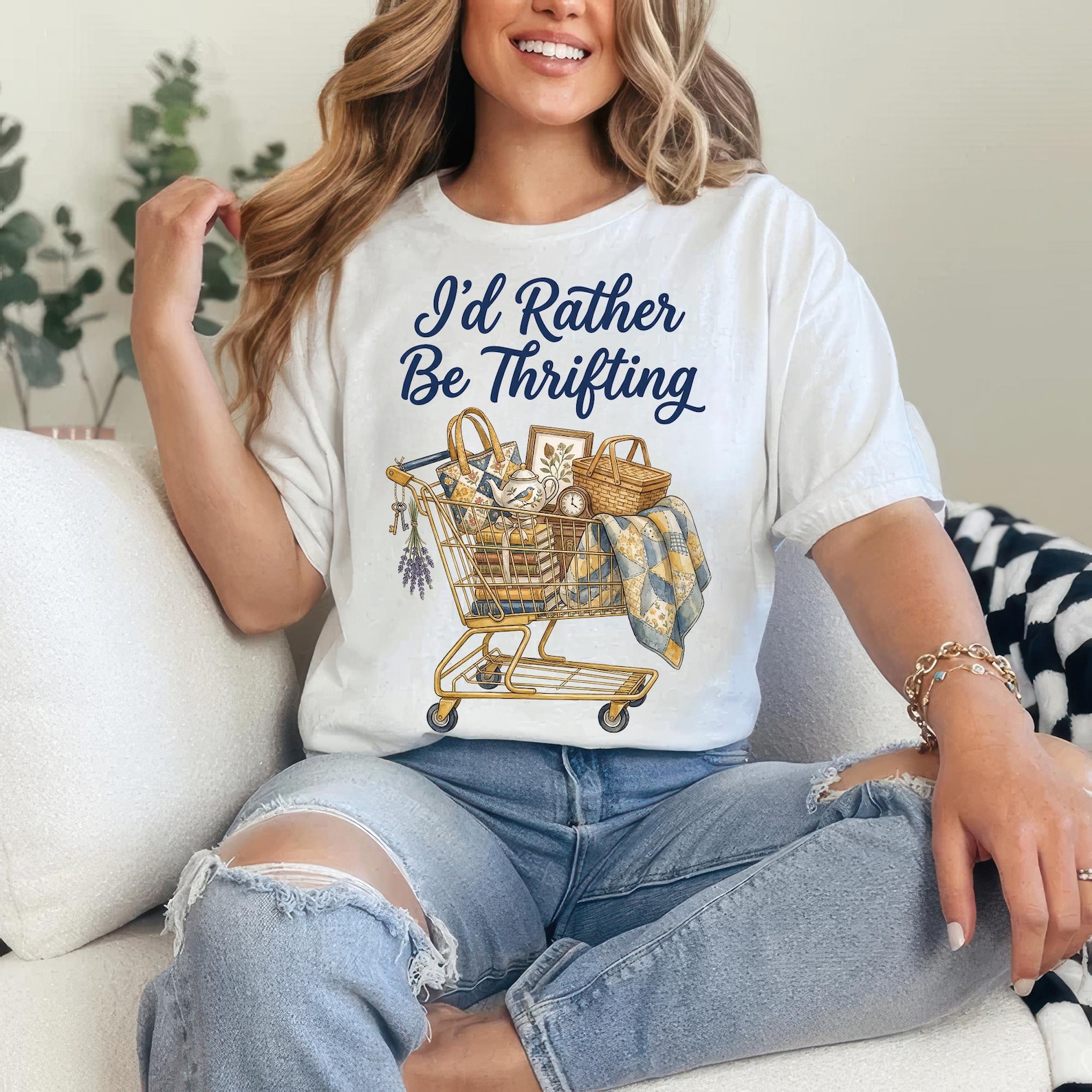 I’d Rather Be Thrifting Png, Thrift Aesthetic PNG Design, Blue and Gold ...