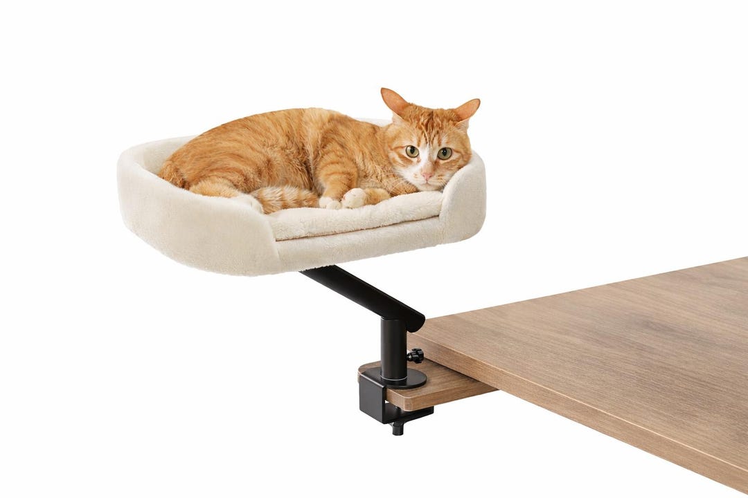 Plush Desk Perch Bed for Cats | Clamp-on Elevated Hammock for Pets ...