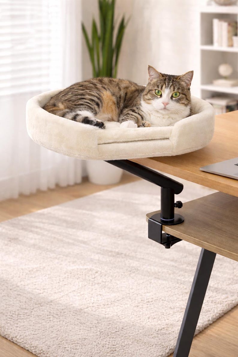 Plush Desk Perch Bed for Cats | Clamp-on Elevated Hammock for Pets ...