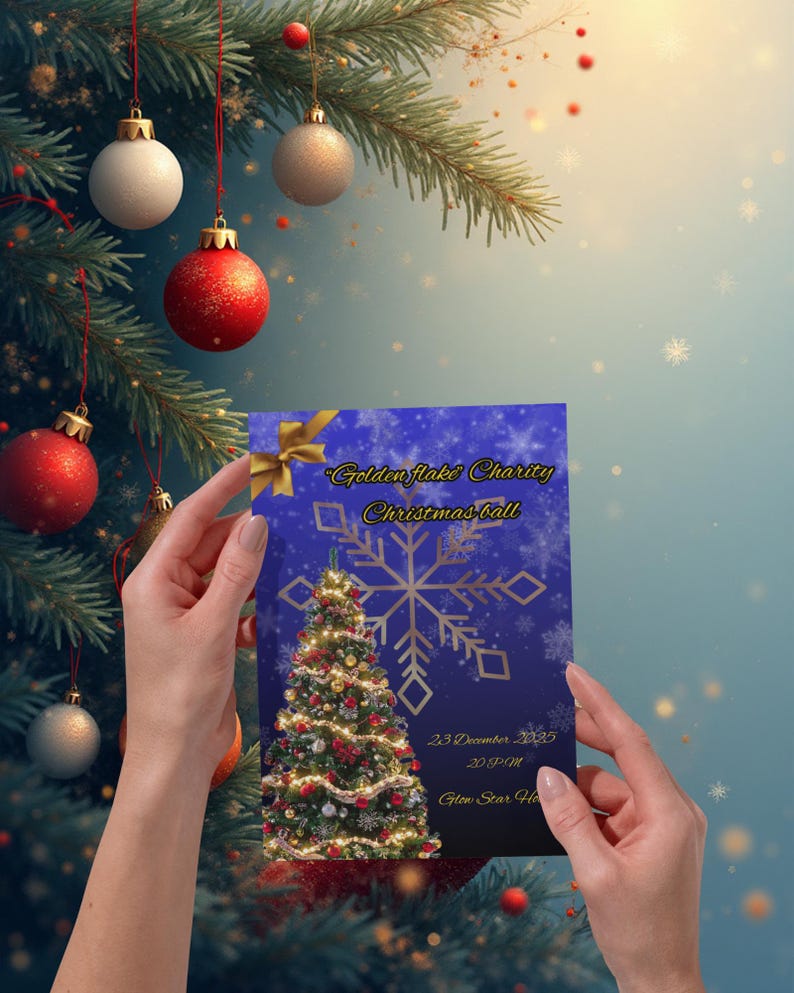 Elegant Blue & Gold Christmas Ball Invitation Template (5x7 Canva ...