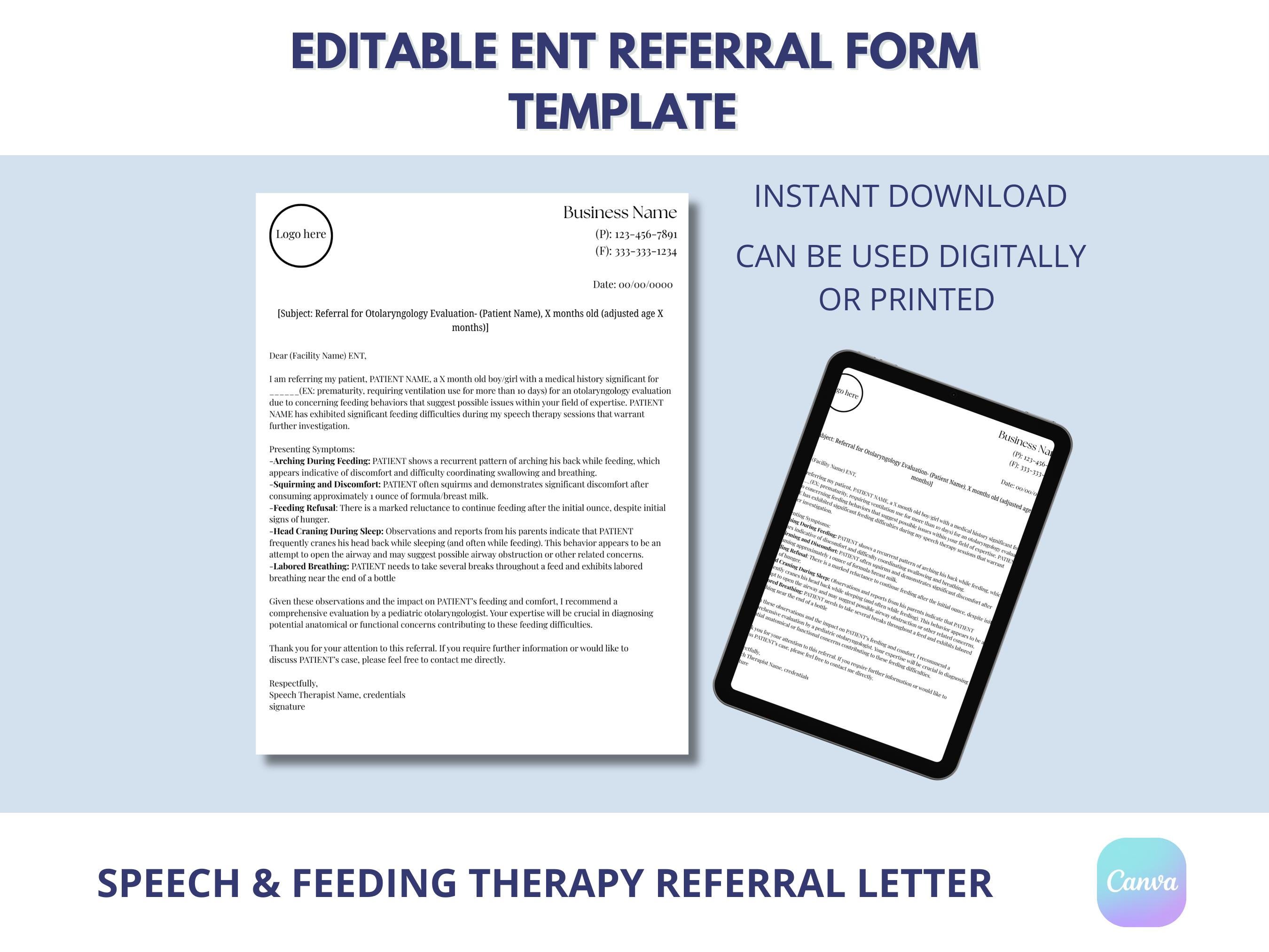 Editable ENT Referral Form Template | Speech & Feeding Therapy Referral ...
