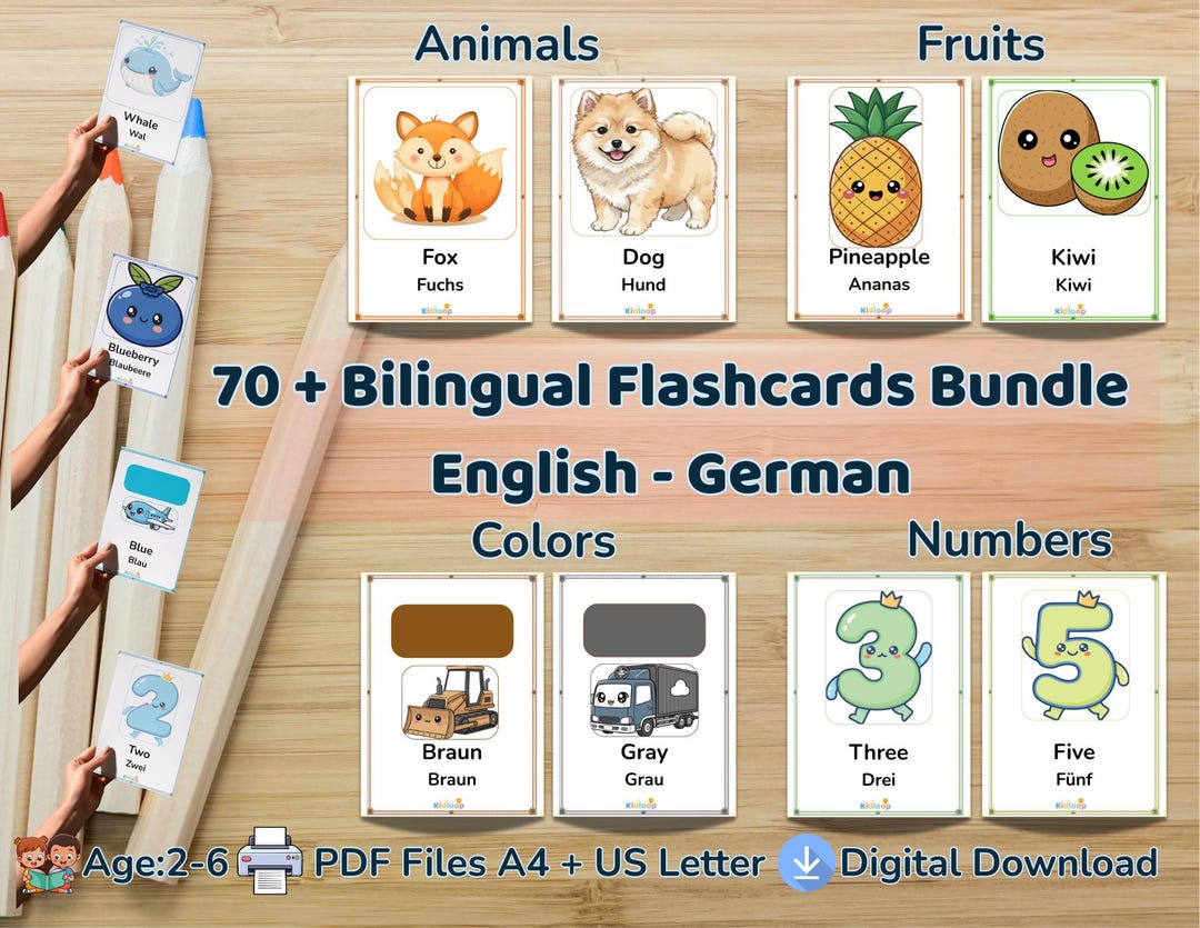70 + Bilingual Flashcards Bundle English - German : Animals, Fruits ...