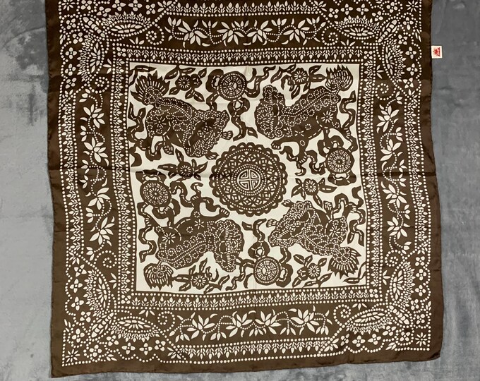 Vintage 100% Silk Chinese Batik Scarf, Brown White Folk Art Bandana ...