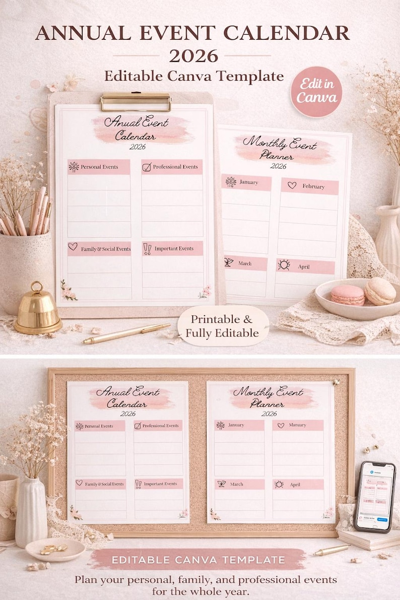 Annual Event Calendar 2026 | Editable Canva Template | Printable Event ...
