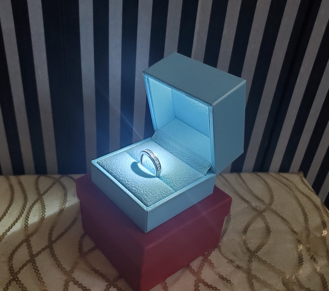 Baby Blue Bridal LED Ring Box Leather Grain Luxurious Piano Finish ...