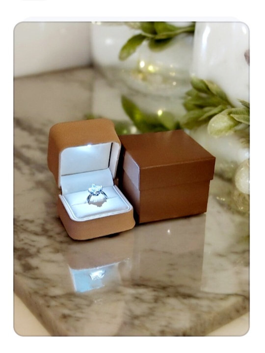 LED Lighted Beige & Cream Italian Leather Engagement Ring Gift Box ...