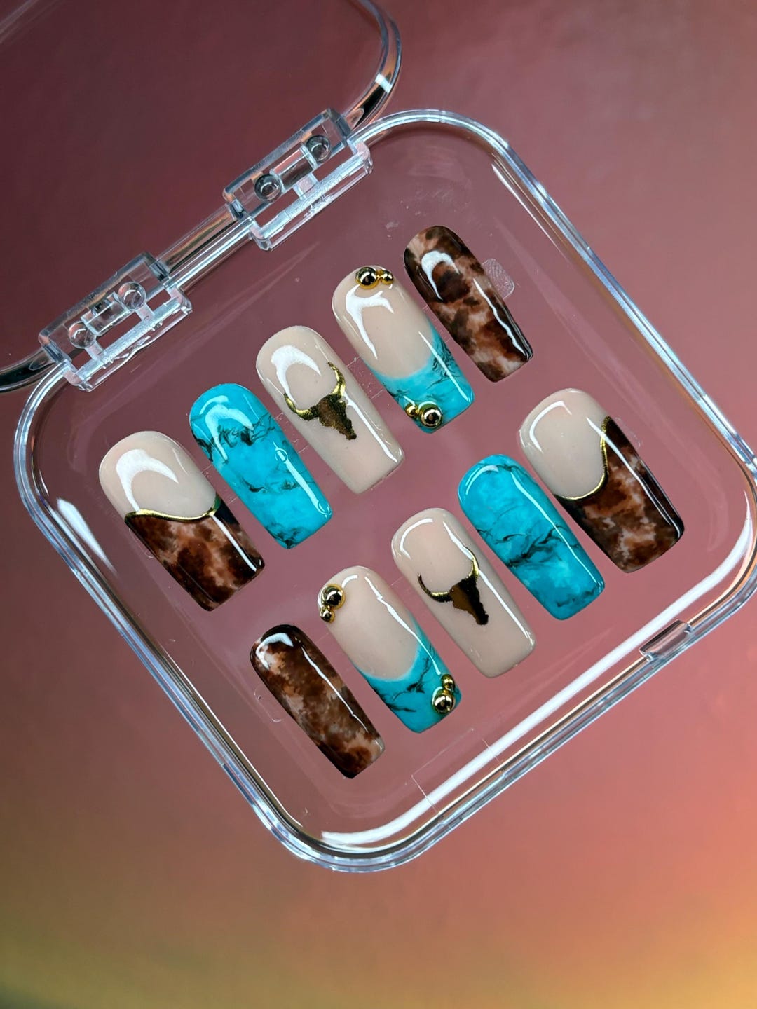 Turquoise Cowgirl Press on Nails | Western Cow Print, Gold Accent - Etsy