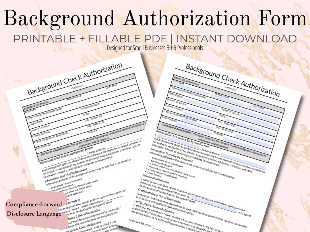 Employee Background Check Authorization Form | Printable + Fillable PDF ...