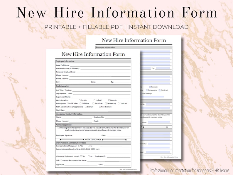 New Hire Information Form | Fillable PDF | Employee Intake Form | HR ...