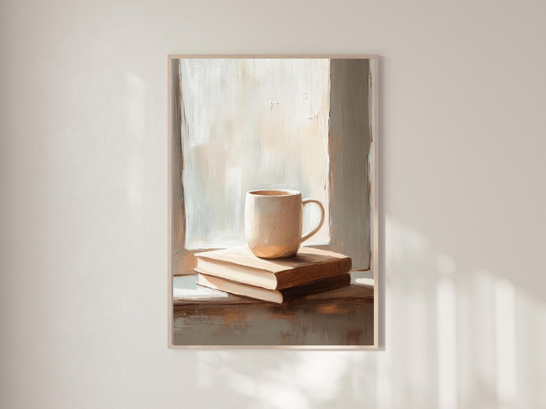 Neutral Still Life Wall Art Printable, Cozy Mug Book Painting, Minimal ...