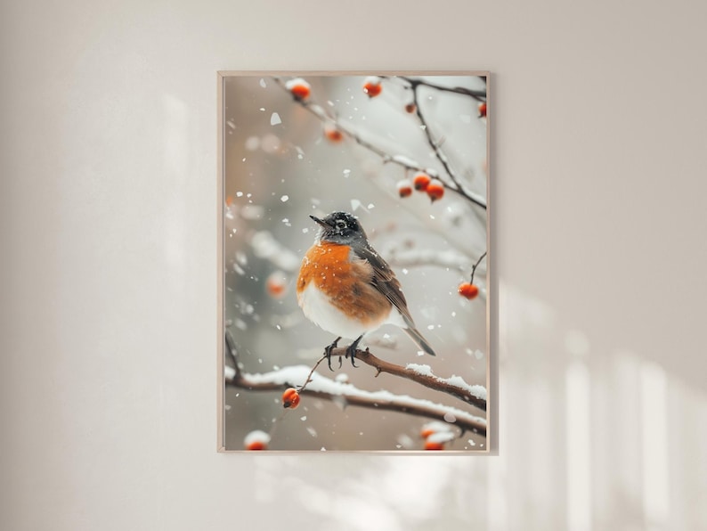 Winter Red Robin Wall Art Printable, Cozy Bird Decor, Neutral Nature ...