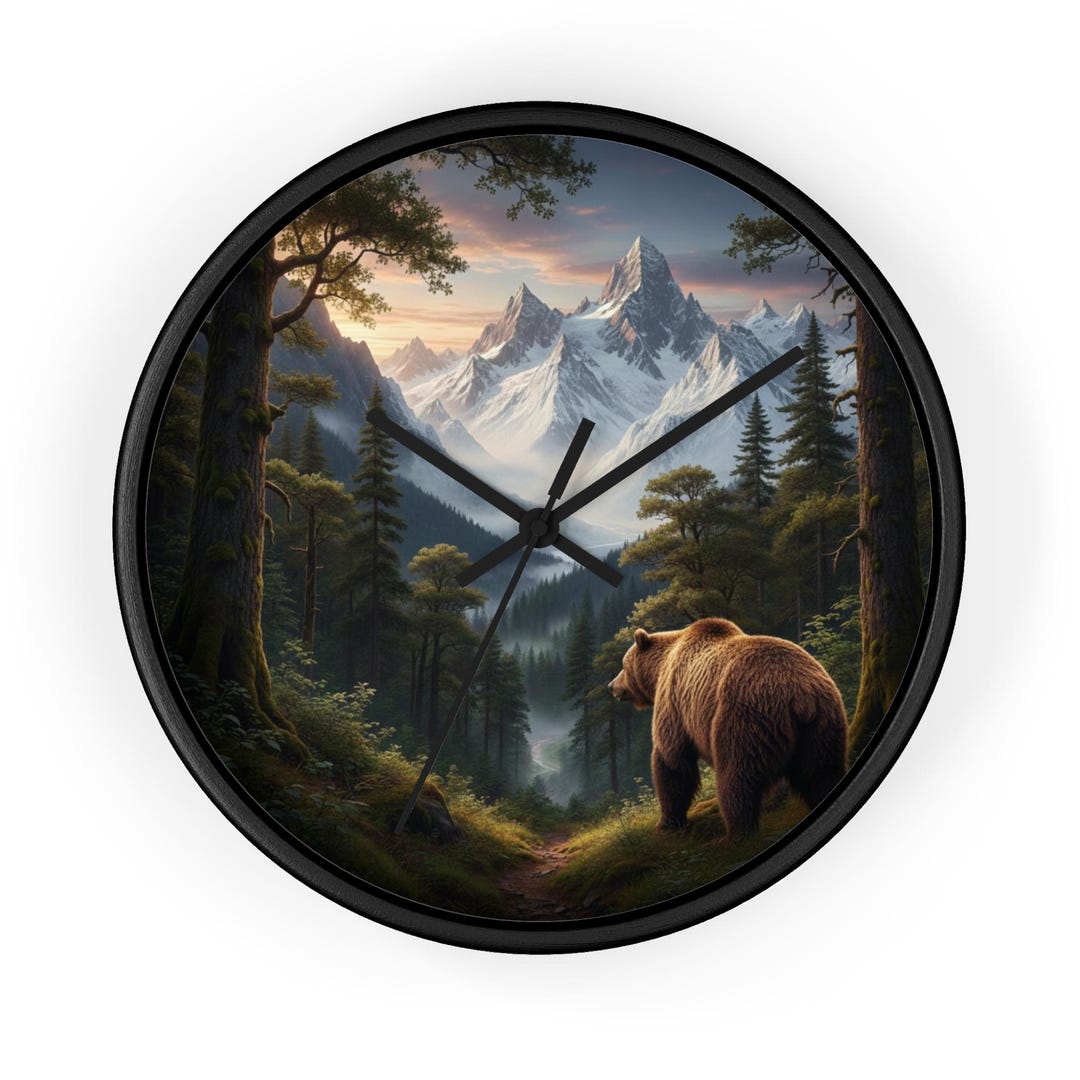 Mountain Woodland Brown Bear Wall Clock | Scenic Forest Landscape Clock ...