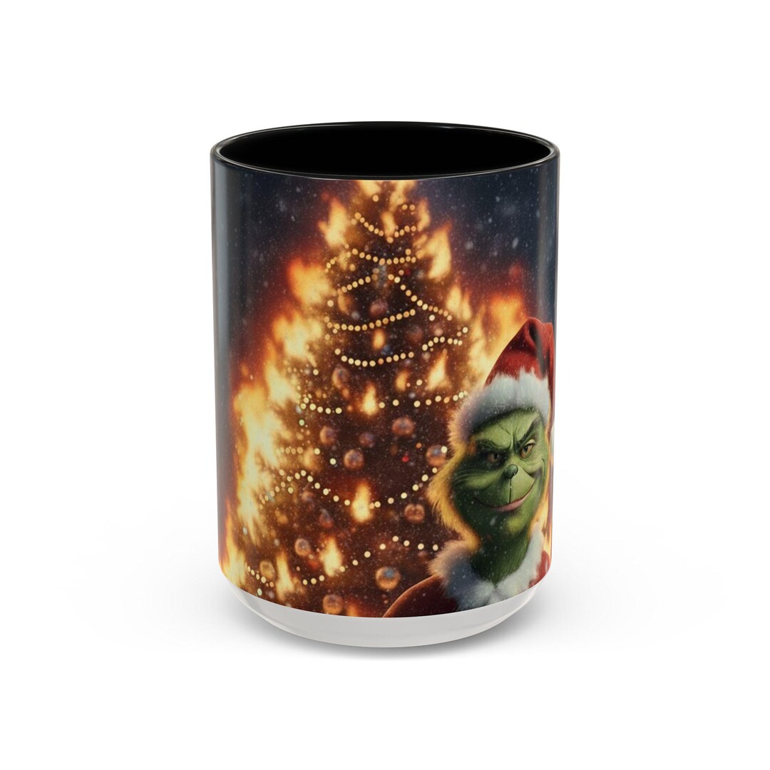 Smirking Grinch With Burning Christmas Tree Accent Coffee Mug | Funny ...