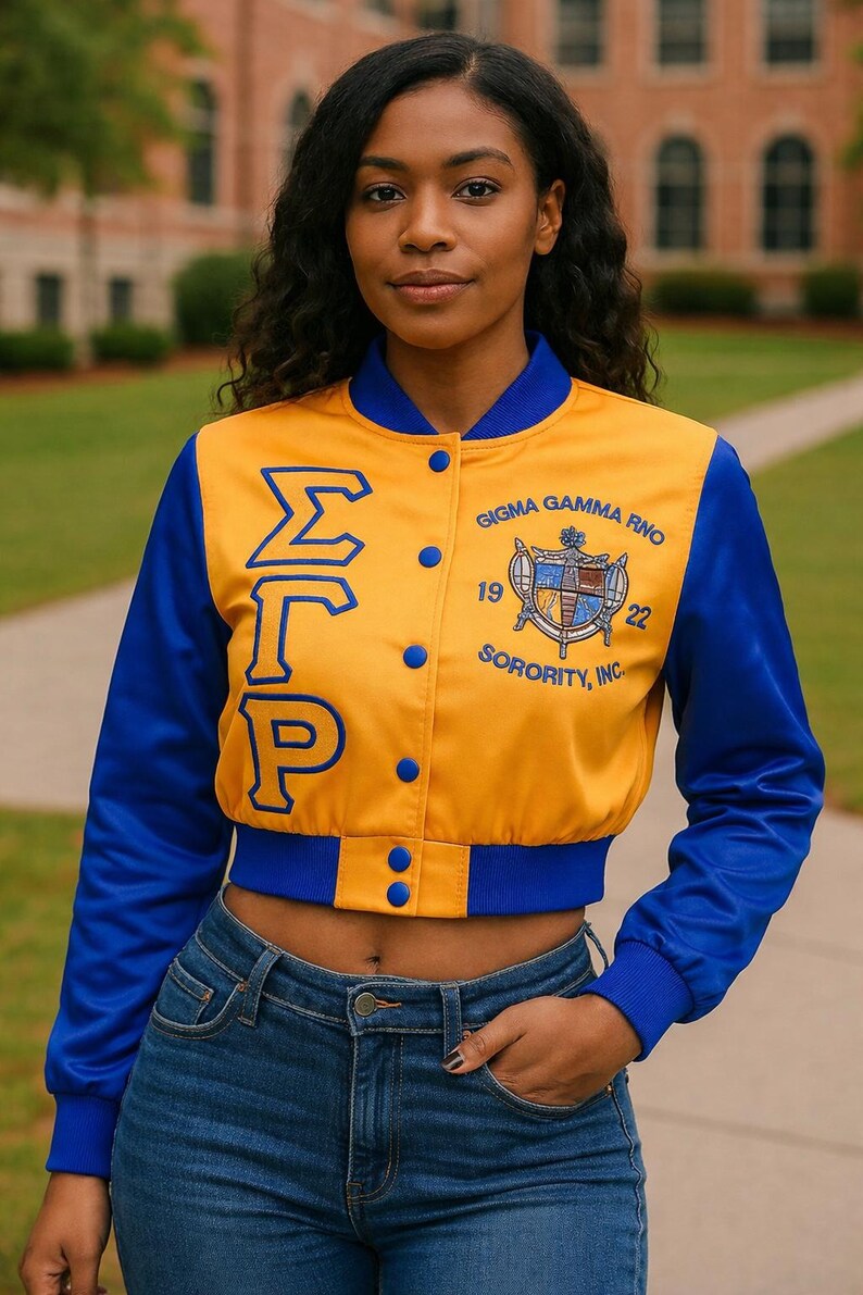 Sigma Gamma Rho Satin Crop Jacket: Blue & Gold Sorority Bomber ...