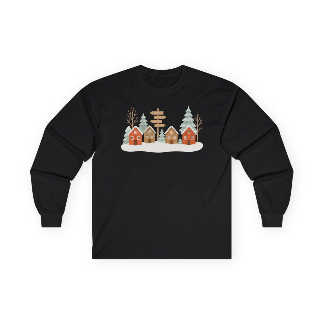 Cozy Winter Cabin Row Long Sleeve Tee | Snowy Trees Holiday Cabin Shirt ...