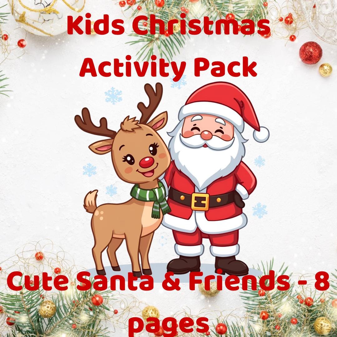 Kids Christmas Activity Pack, Cute Santa & Friends Printables, 8-page ...
