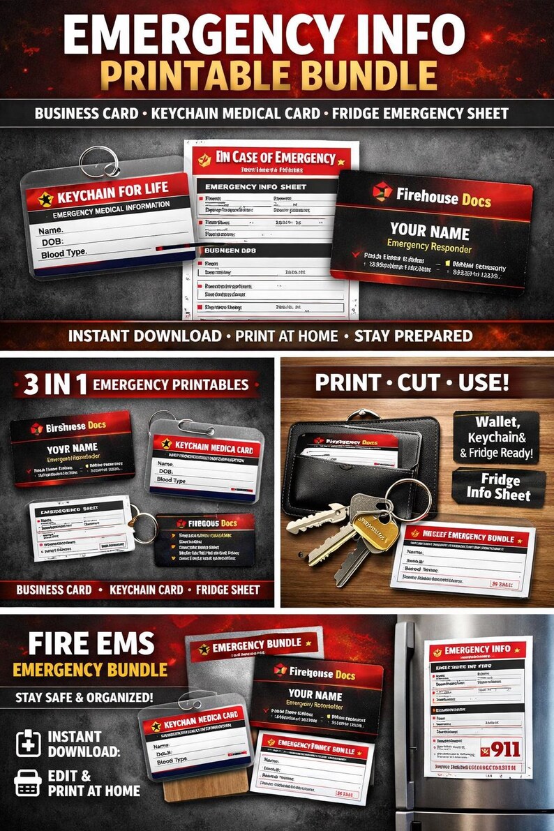 Emergency Info Printable Bundle | Fire EMS Business Card + Keychain ...