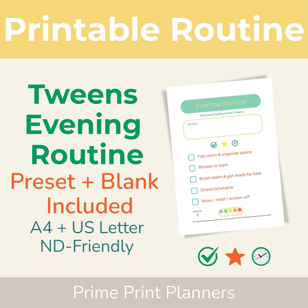 Tweens Evening Routine Chart Printable | Bedtime Visual Schedule ...