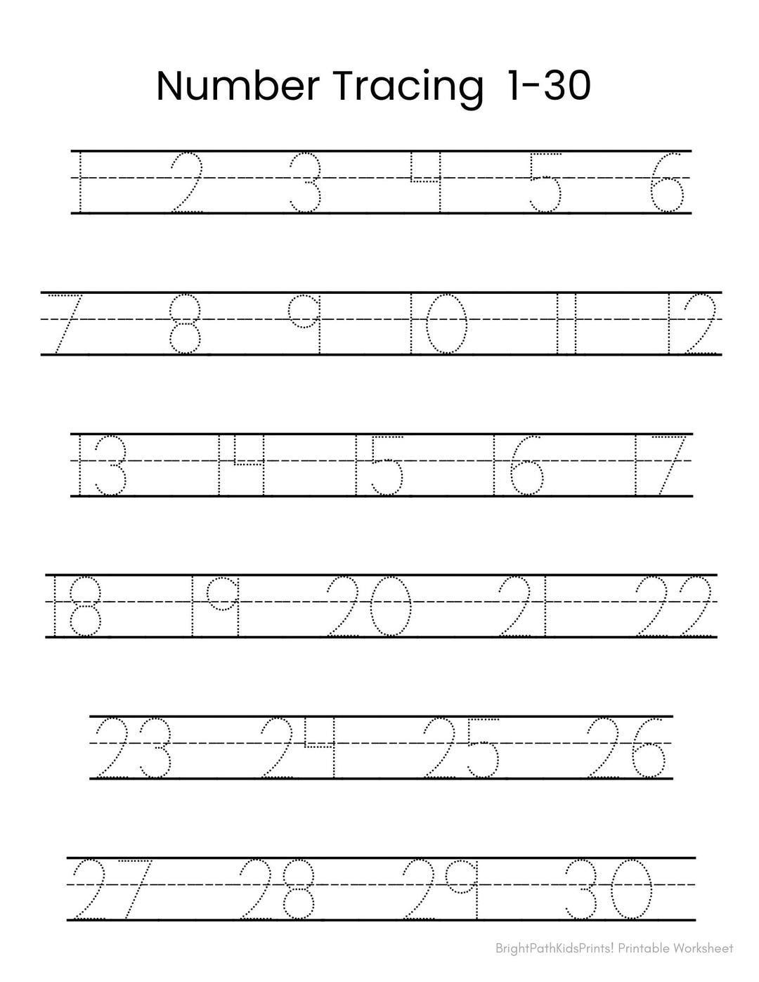 Number Tracing 1–30 Worksheet – Preschool Kindergarten Printable PDF - Etsy