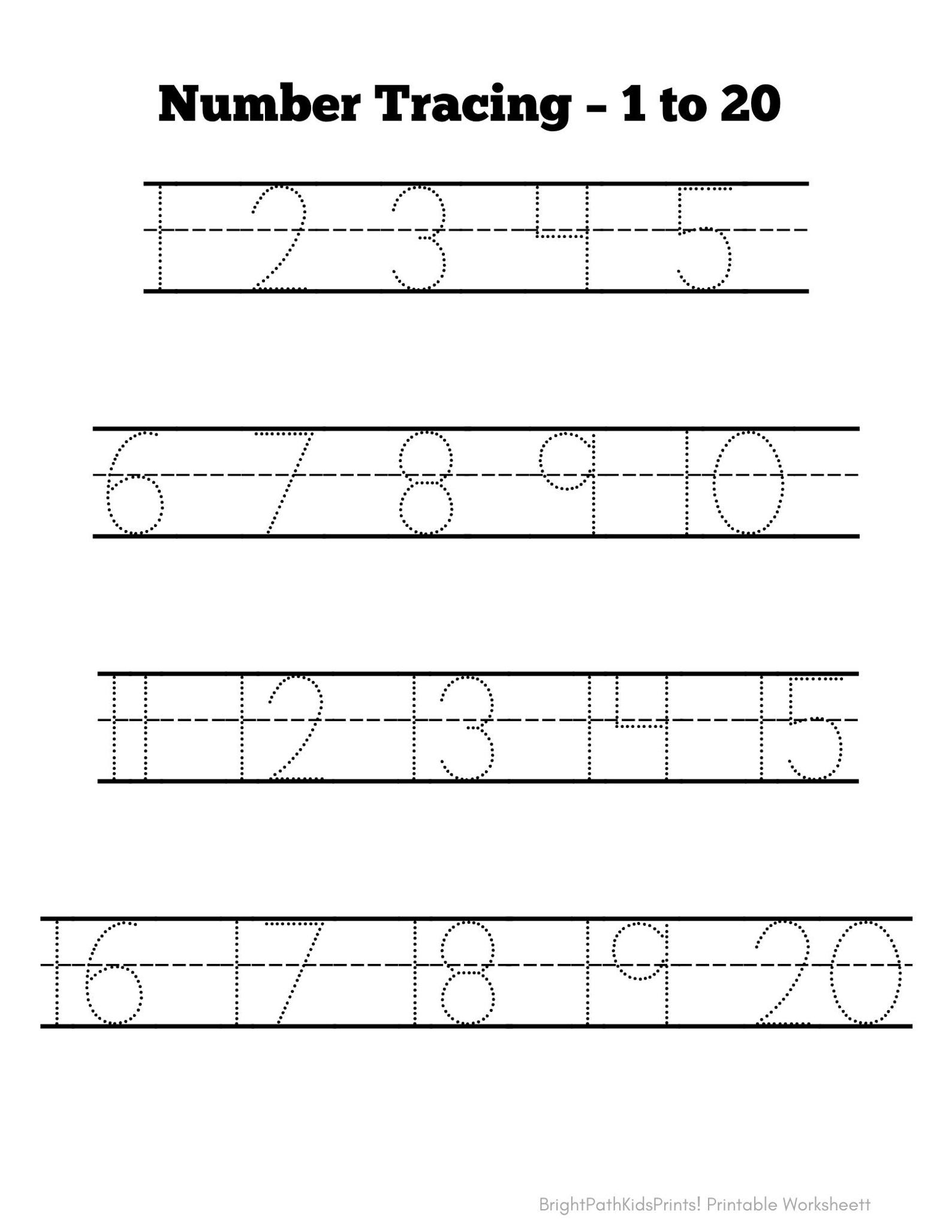 Number Tracing 1–20 Worksheet | Preschool & Kindergarten Number Writing ...