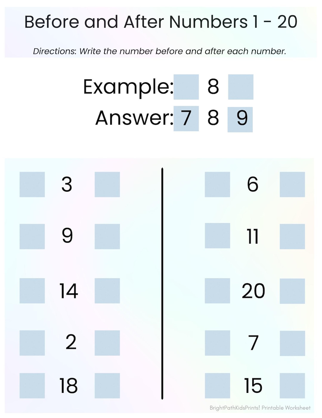 Before and After Numbers 1–20 Worksheet | Preschool Kindergarten Number ...