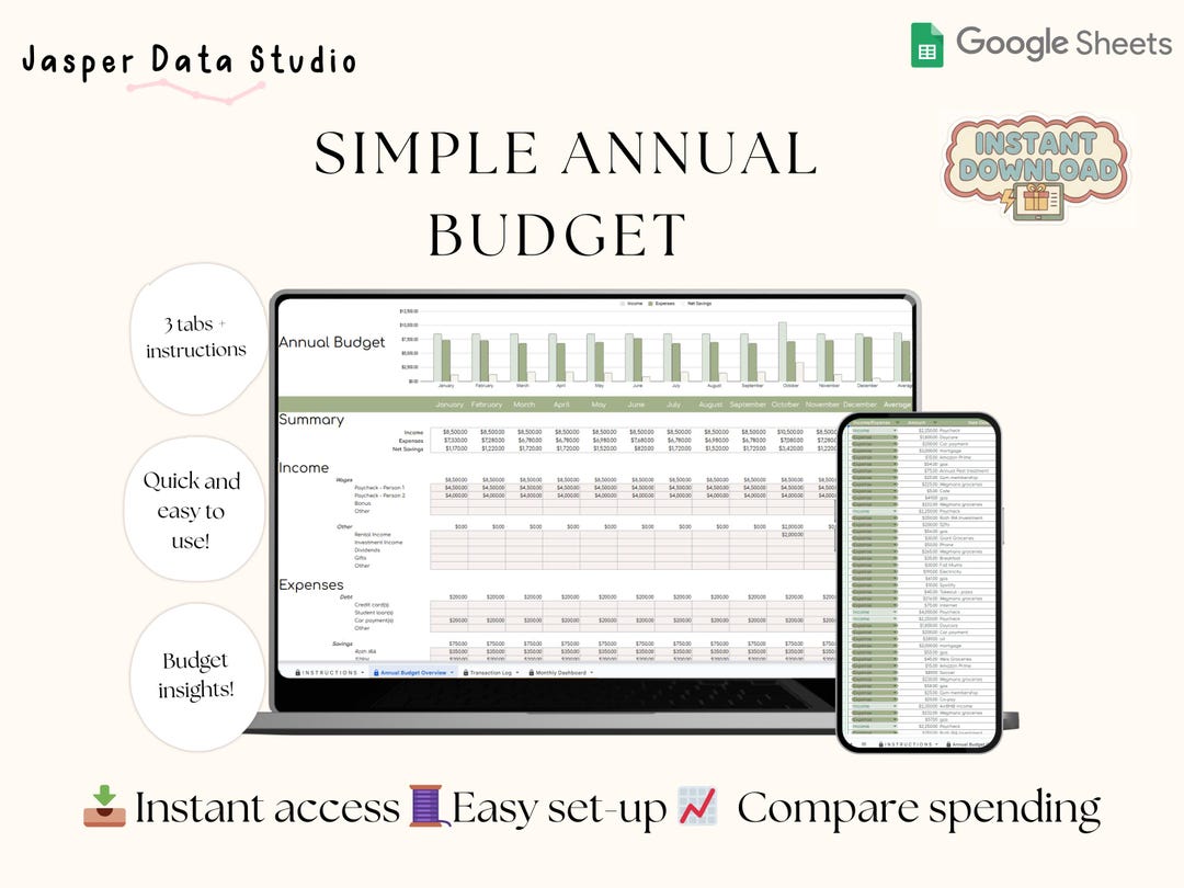 Annual Budget Google Sheets Template Simple Monthly Budget Planner ...