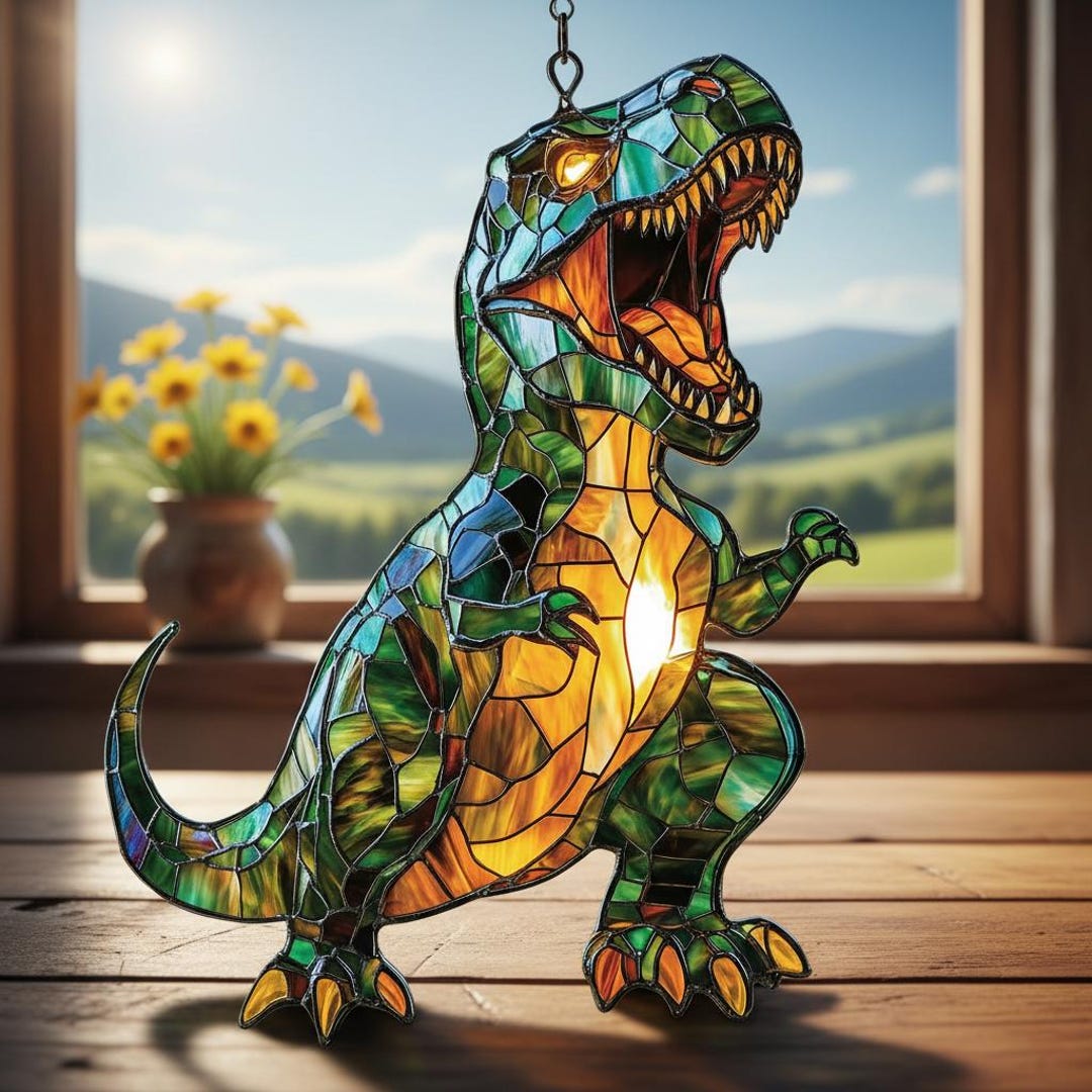 Colorful Dinosaur Suncatcher, T-rex Window Art, Handmade Stained Glass ...