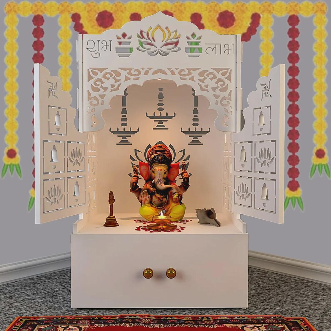 White Wooden Mandir, Lotus Door Pooja Temple With Lights - Etsy