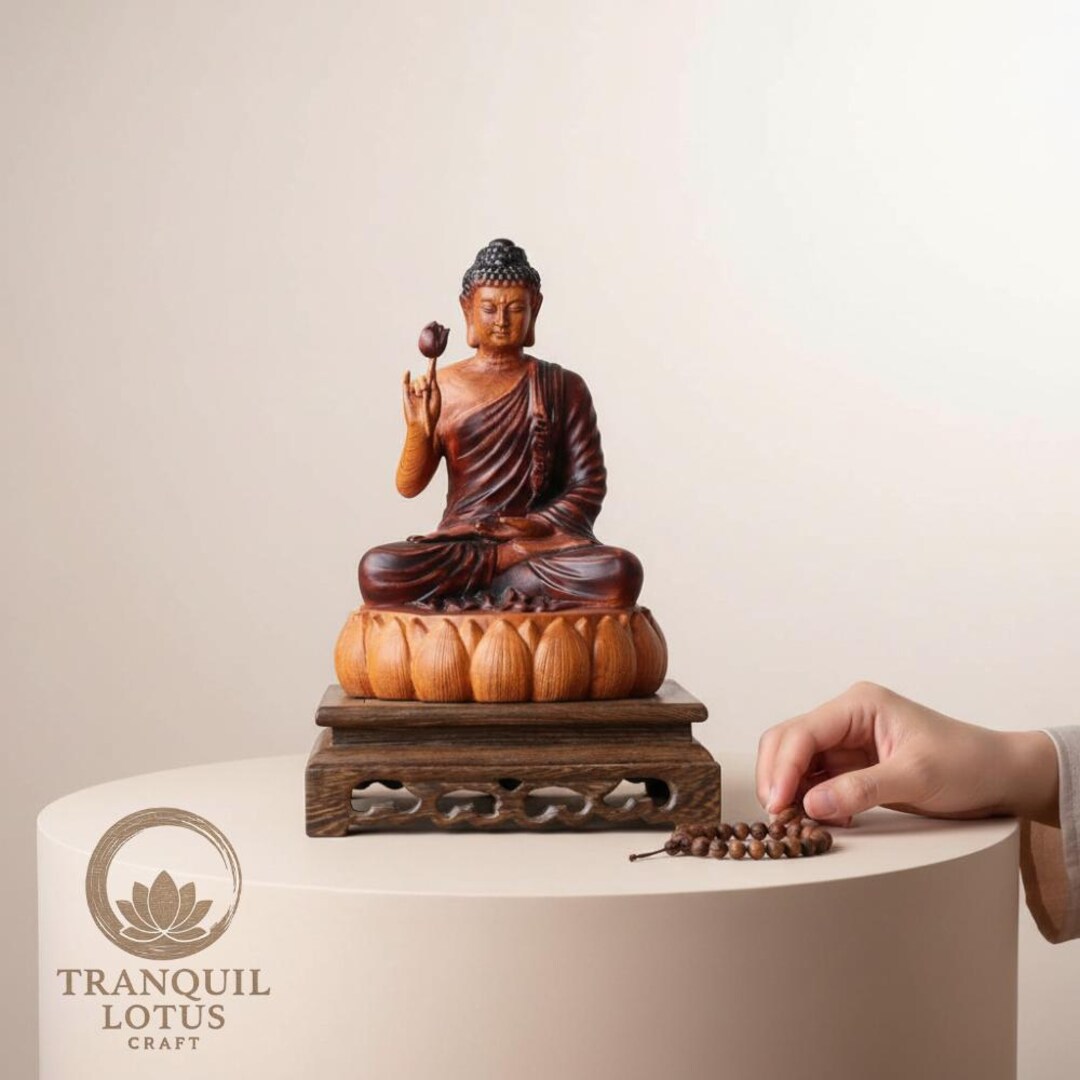 Peaceful Buddha Holding Lotus, Solid Padauk Wood Statue, Zen Desk Decor ...