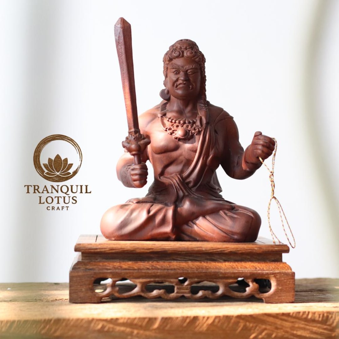 Hand Carved Fudo Myo-o Acala | Solid Padauk Wood | Fierce Guardian ...