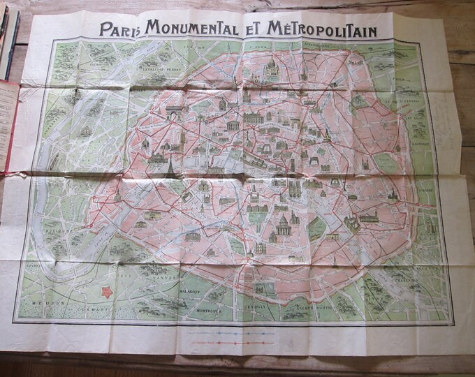 Vintage 1920s Paris Monumental Metropolitan Map, Art Nouveau Monument ...