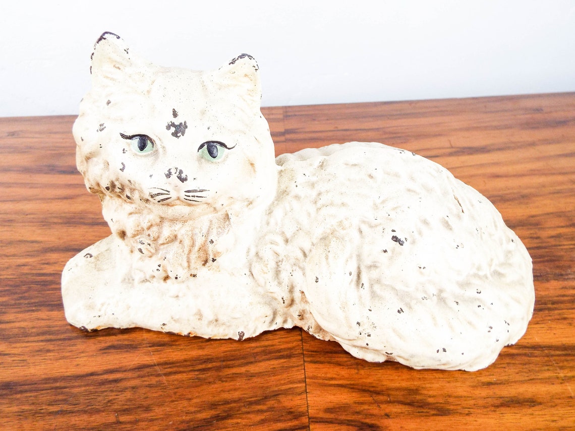 Antique Hubley Style Cast Iron White Cat Doorstop Metal Feline Statue ...