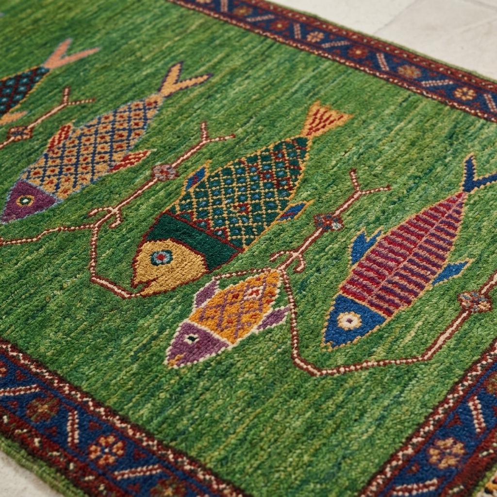 Koi Fish Runner Rug: Green Colorful Carpet Handmade Wool Area Rug - Etsy