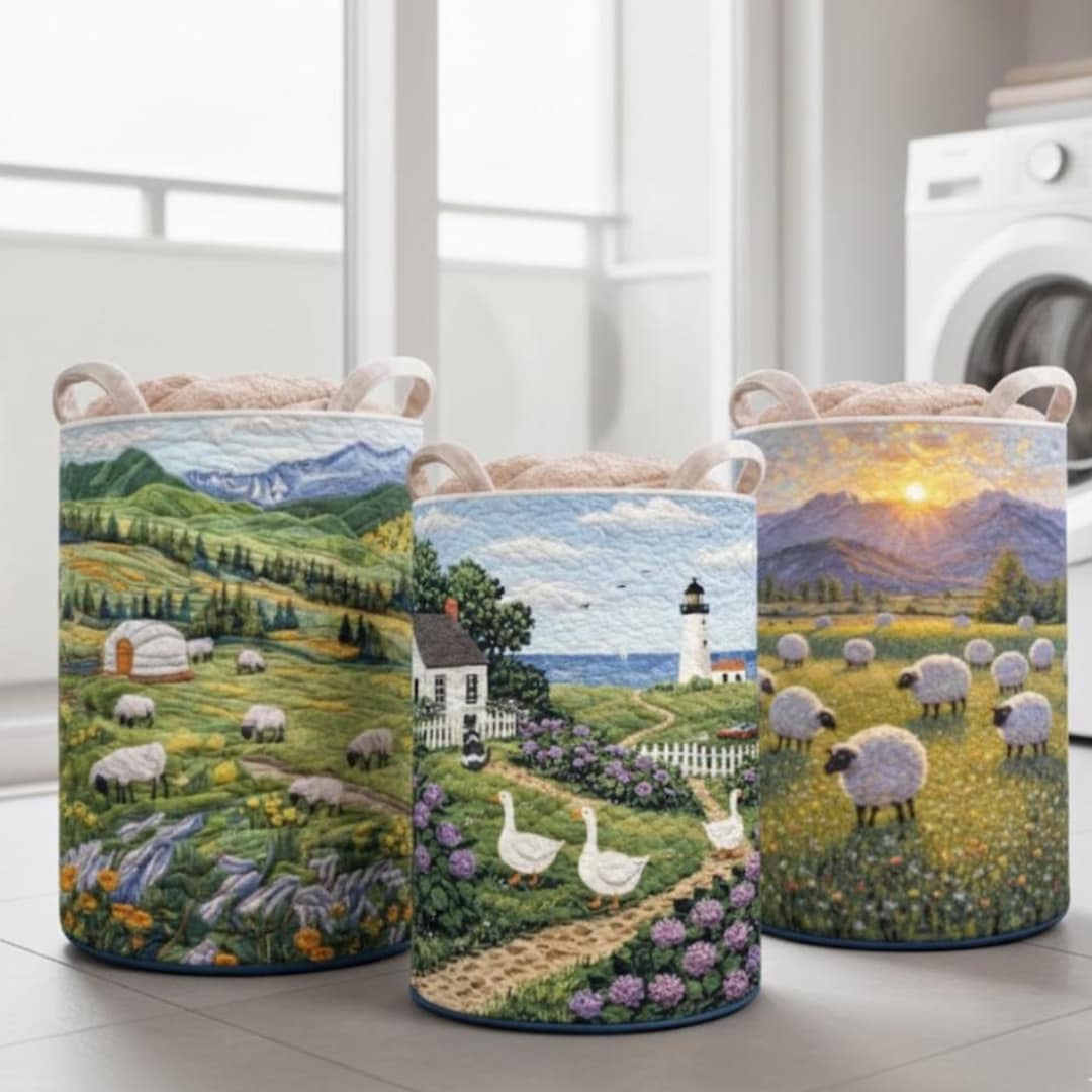 Countryside Quilted Storage Baskets, Sheep Farmhouse Laundry Hampers ...