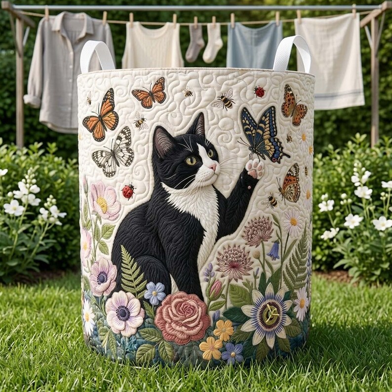 Personalized Tuxedo Quilted Cat Laundry Basket: Floral Cat Breed Hamper ...