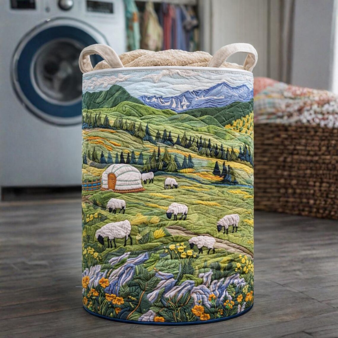 Countryside Quilted Storage Baskets, Sheep Farmhouse Laundry Hampers ...