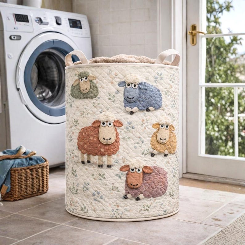 Handmade Cute Sheep Fabric Storage Basket, Quilted Laundry Hamper, Lamb ...