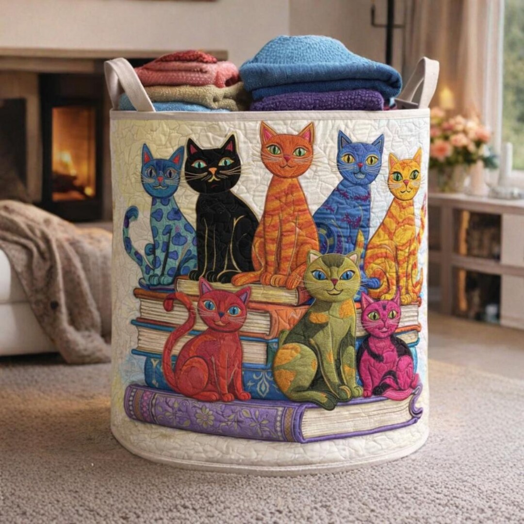 Handmade Cat Quilt Laundry Basket Fabric Hamper Colorful Cats on Books ...
