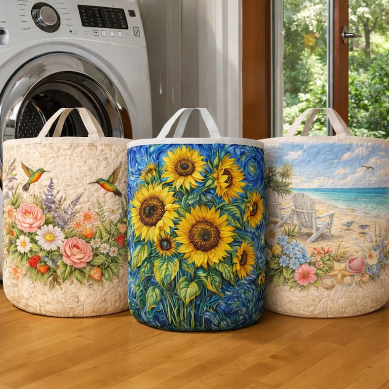 Handmade Floral Sunflower Quilted Laundry Baskets, Decorative Storage ...